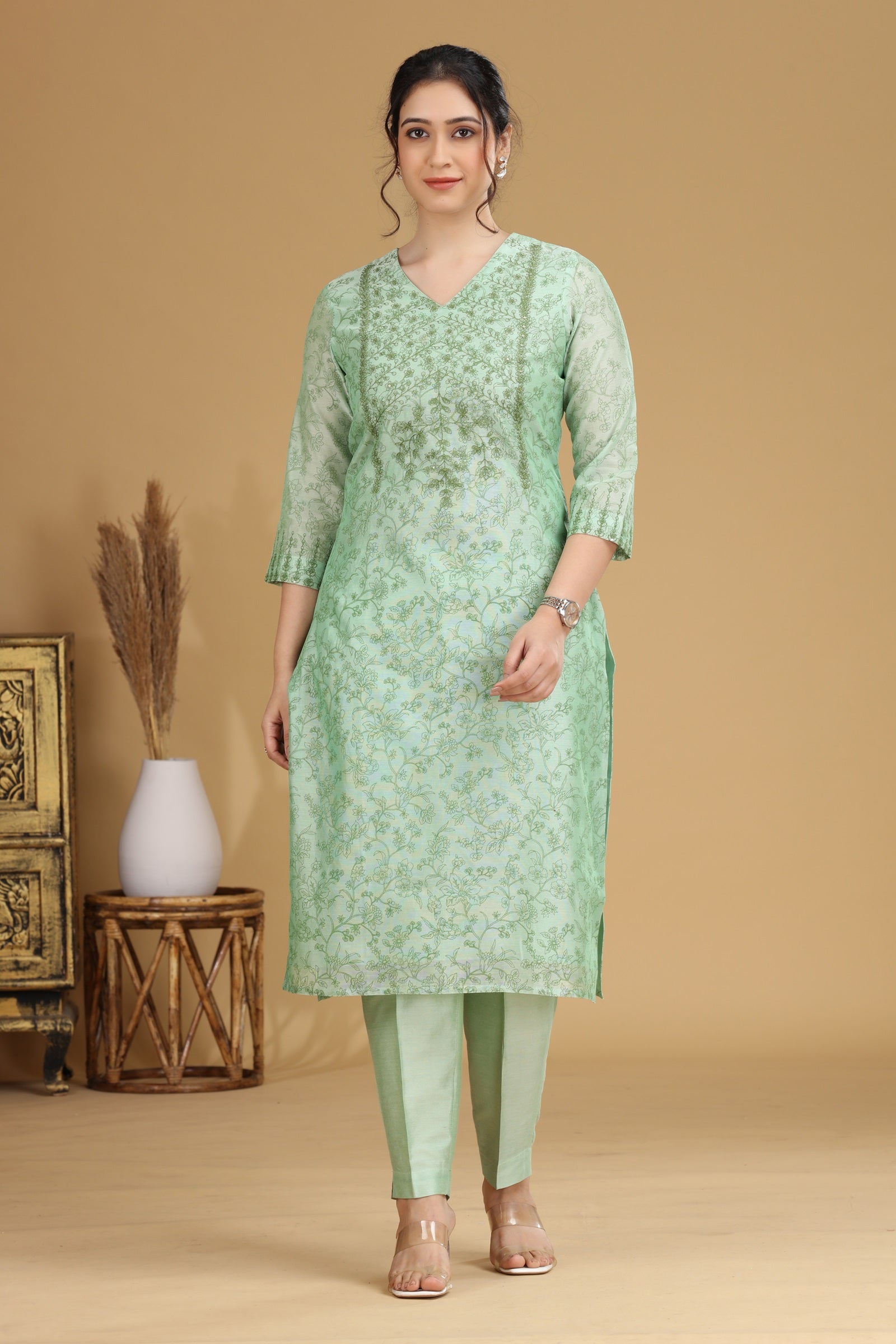 Green Floral Embroidered Straight Co ord Set – Cotton Culture