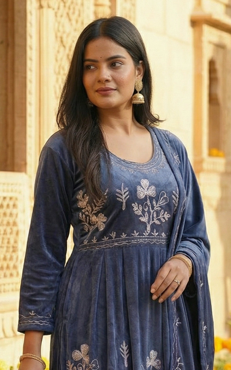 Indigo Velvet Embroidered Straight Ethnic Set – Cotton Culture