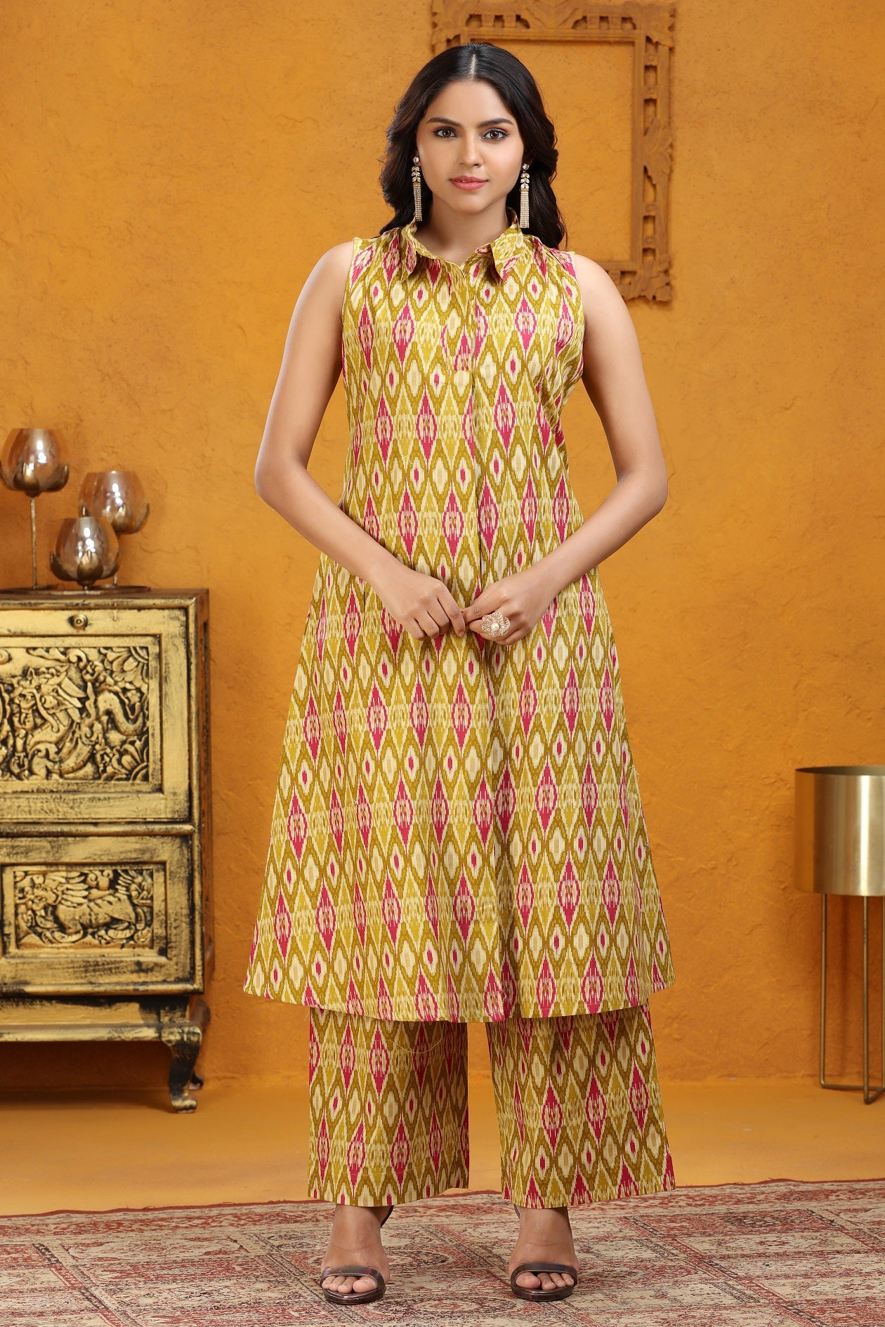 Dark Mustard Flax Cotton A Line Printed Kurta Pant Co ord Set – Cotton ...