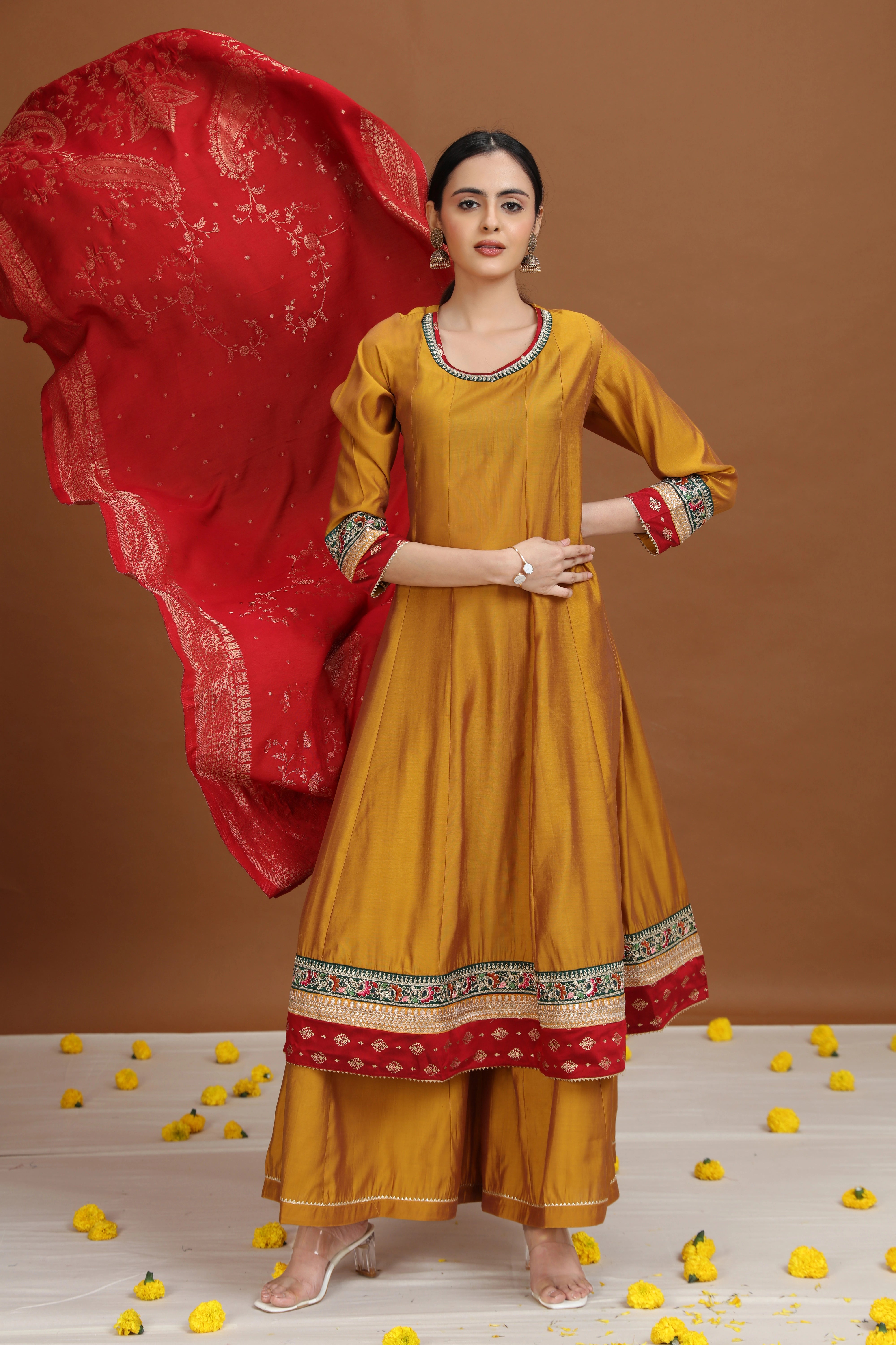 Mustard Embroidered Anarkali Ethnic Set – Cotton Culture