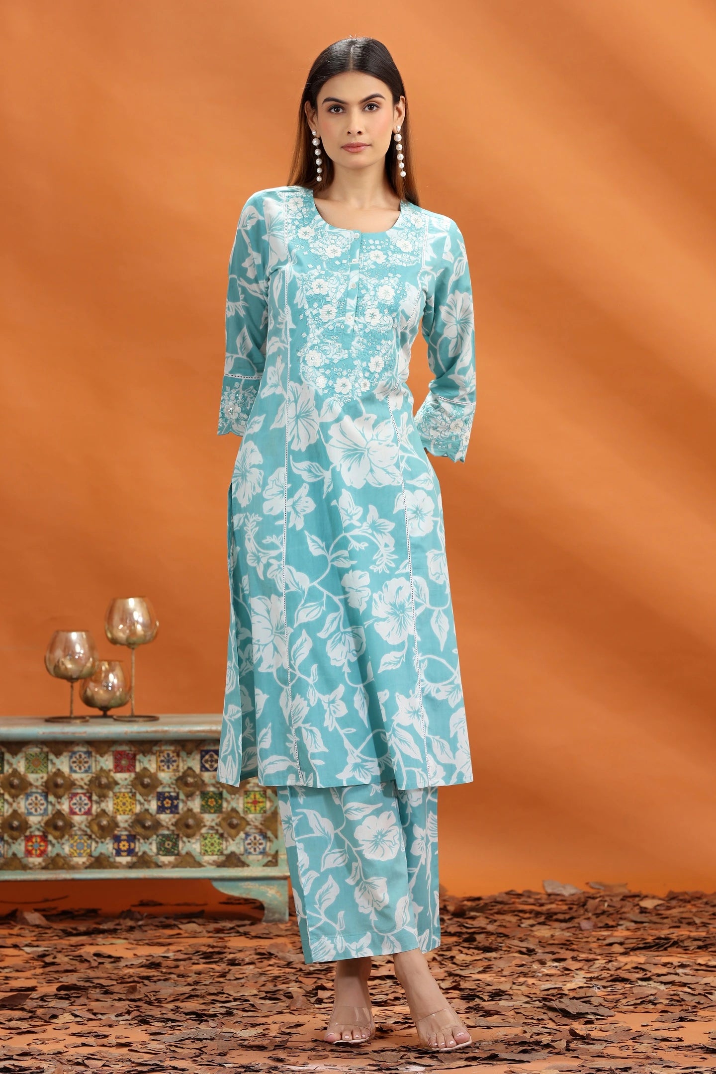 Sky Blue & Off White Jaipuri Cotton Embroidered Straight Kurta and Pan ...