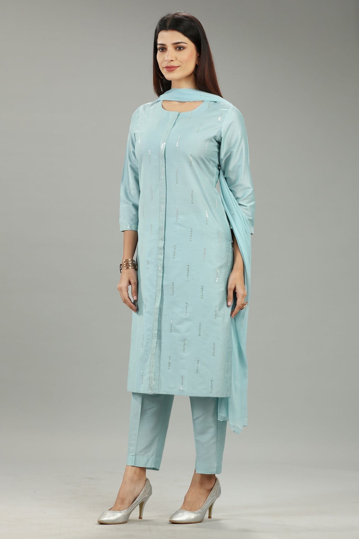 Saadhika Sky Blue Cotton Silk Embroidered Suit Set – Cotton Culture