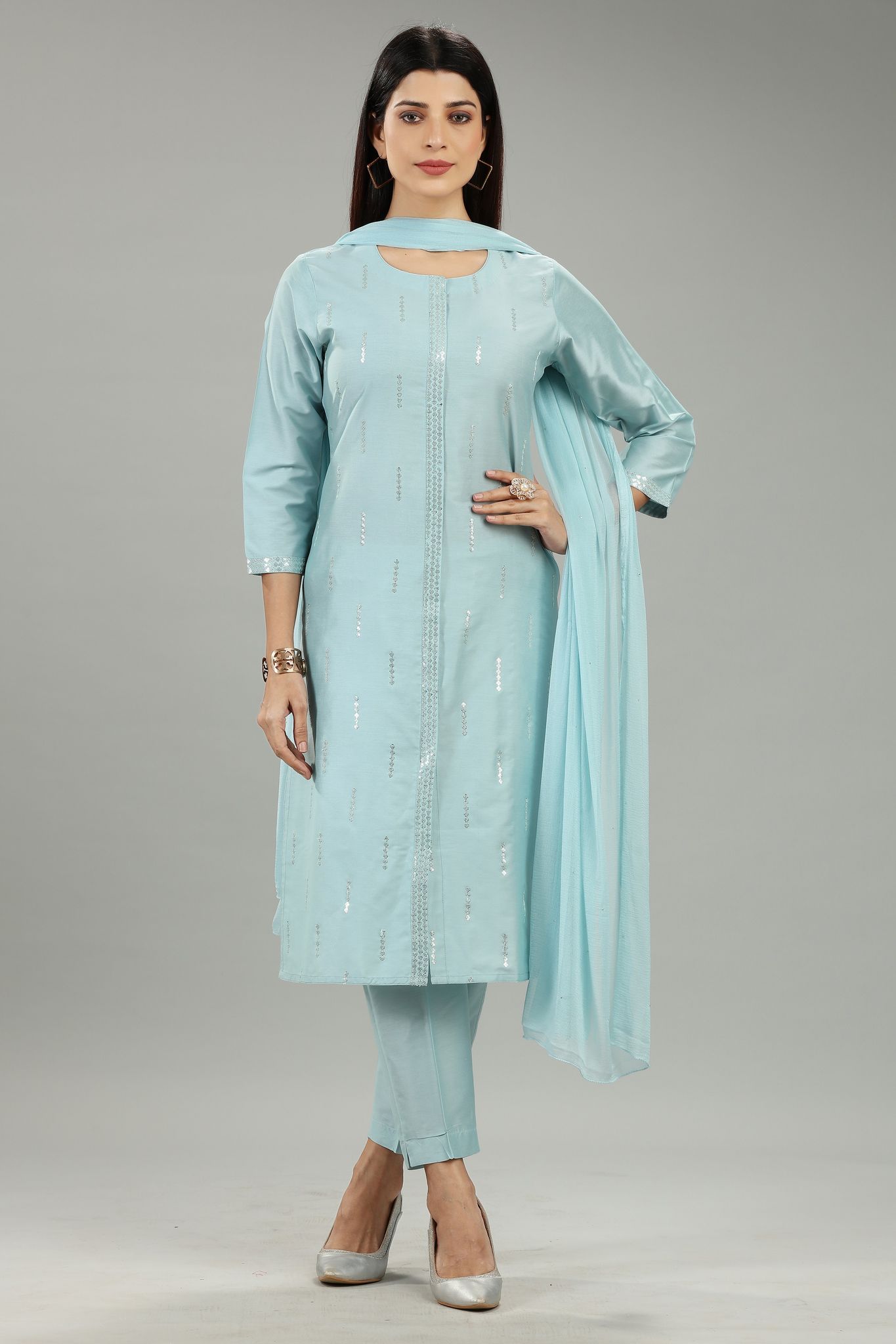 Saadhika Sky Blue Cotton Silk Embroidered Suit Set – Cotton Culture